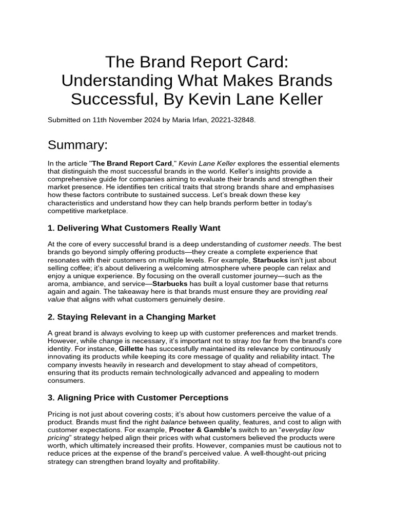 Brand Report Card by Kevin Lane Keller A Summary. | PDF | Brand | Pricing