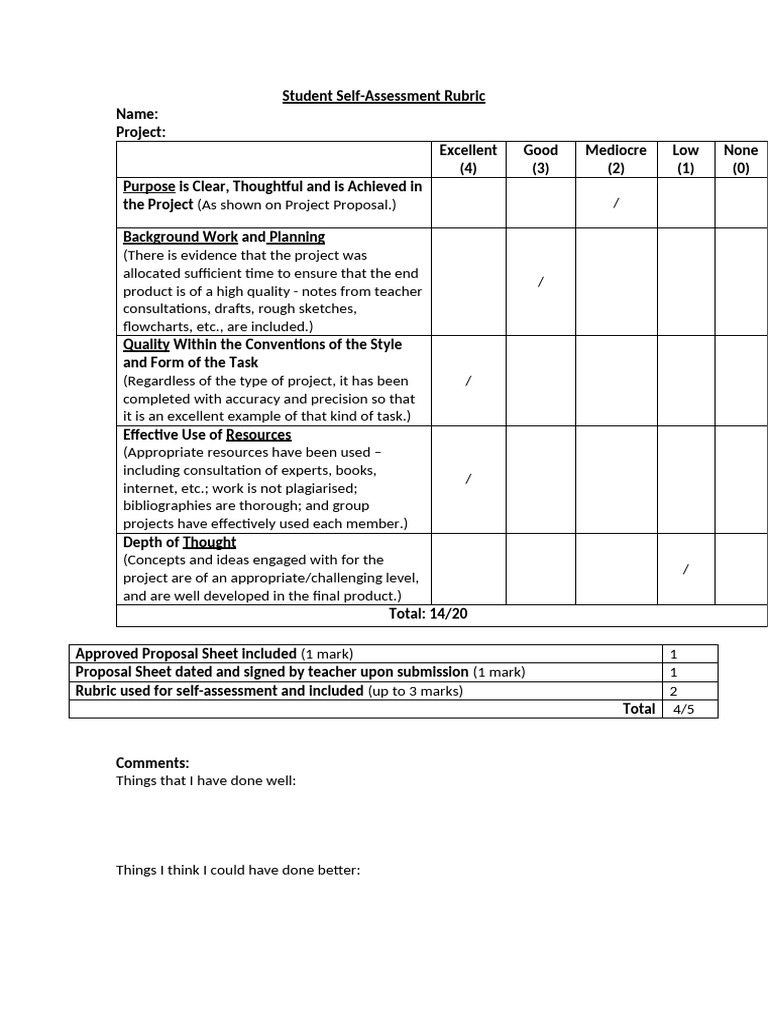 Student Self-Assessment Rubric | PDF | Career & Growth | Art