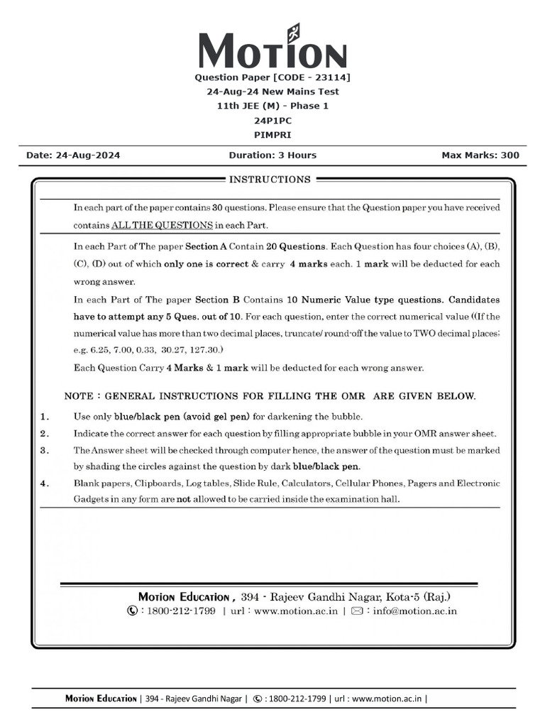24 Aug 24 JEE Mains Test | PDF | Force | Velocity