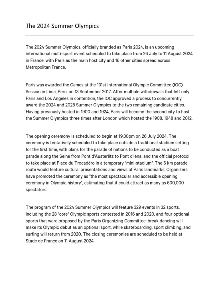 The 2024 Summer Olympics - Article | PDF
