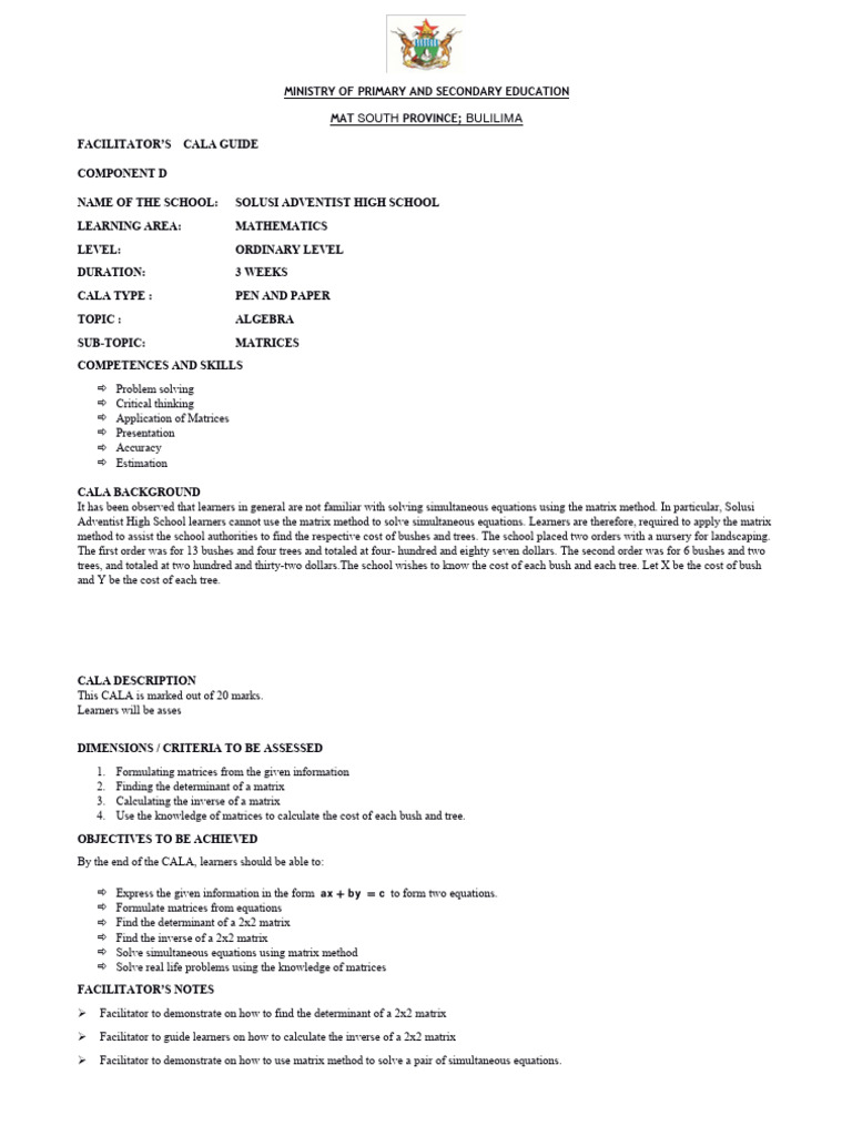Ordinary Level Cala Component D 2023 | PDF | Matrix (Mathematics) | Determinant