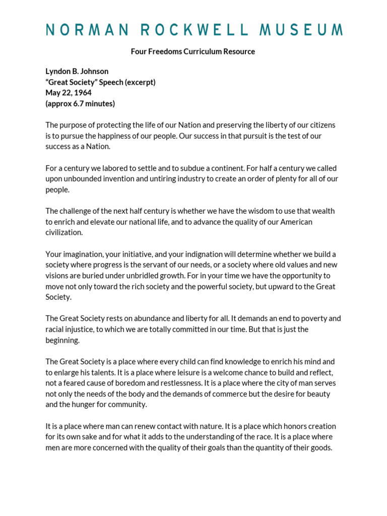 Lyndon B Johnson Great Society Speech Excerpt | PDF | Great Society