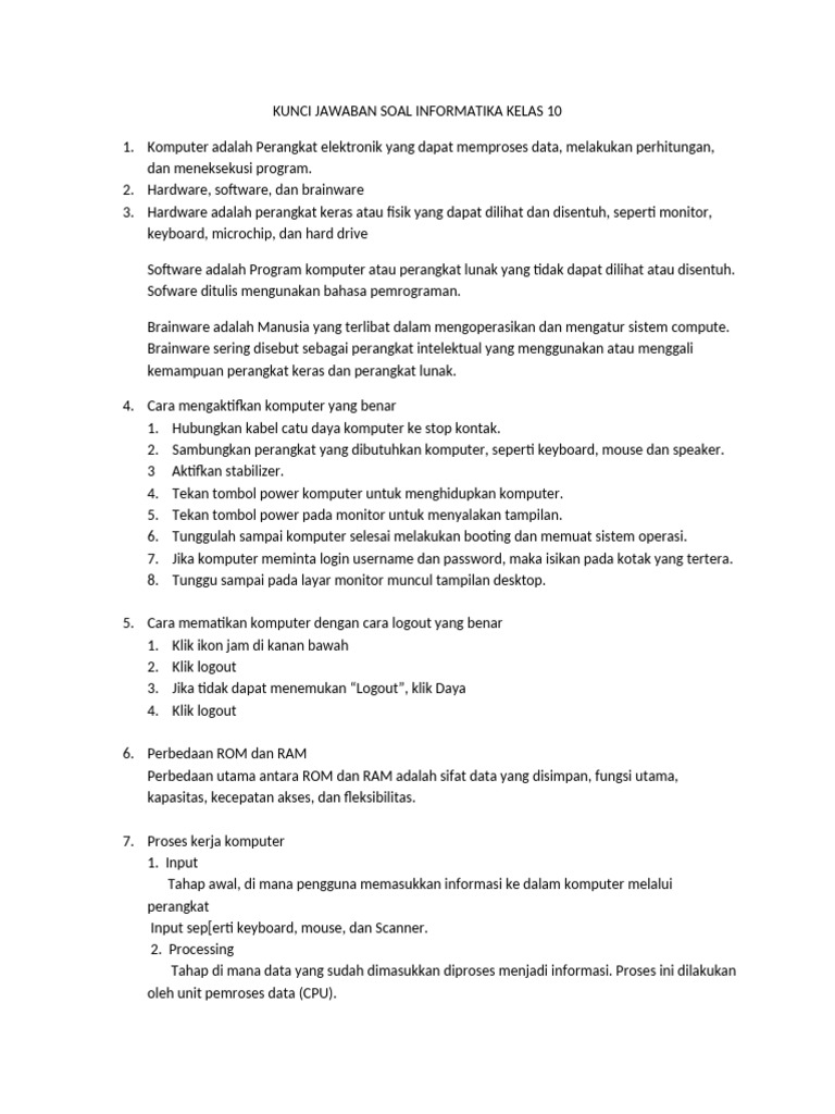 Kunci Jawaban Soal Informatika Kelas 10 | PDF