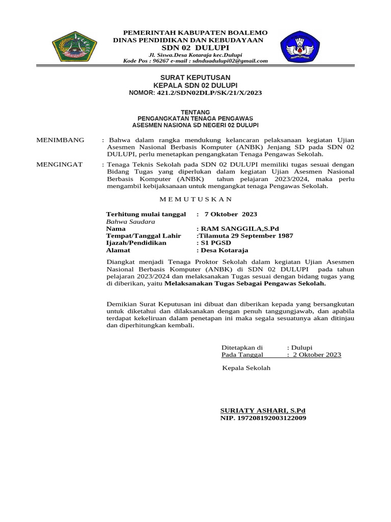 SK Pengawas ANBK | PDF