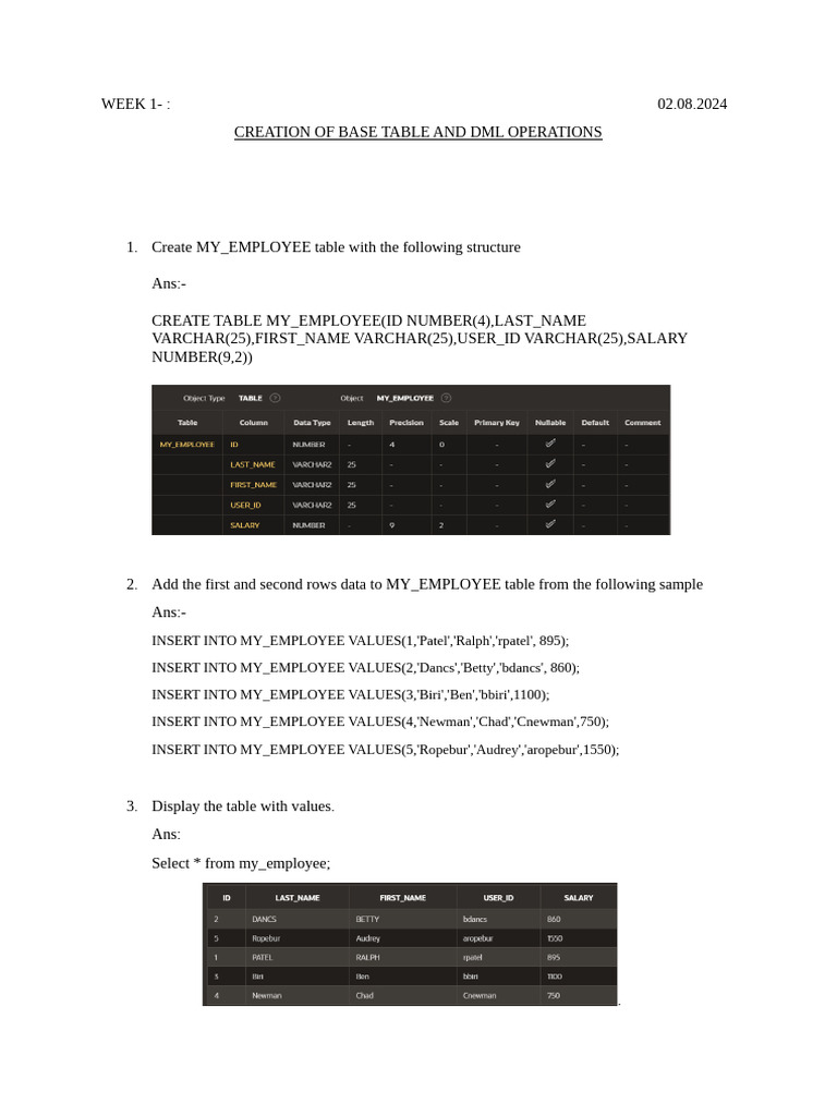 Week 1 - Creation of Base Table DML Operations | PDF