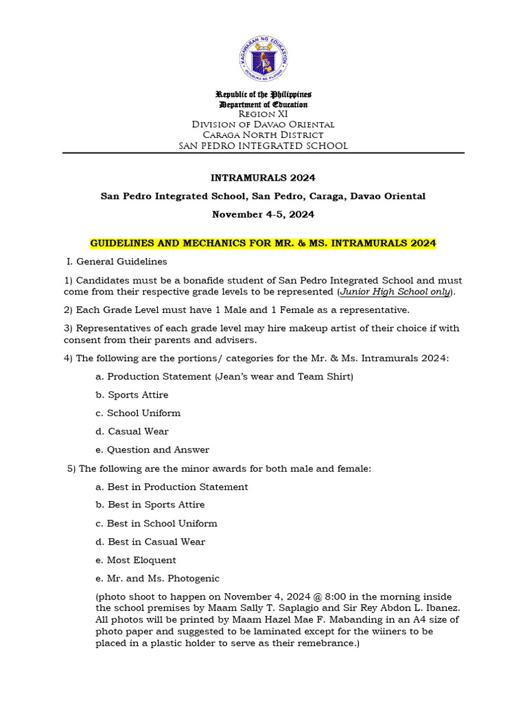 Mr. & Ms. Intramurals 2024 Guidelines | PDF | Sports & Recreation ...