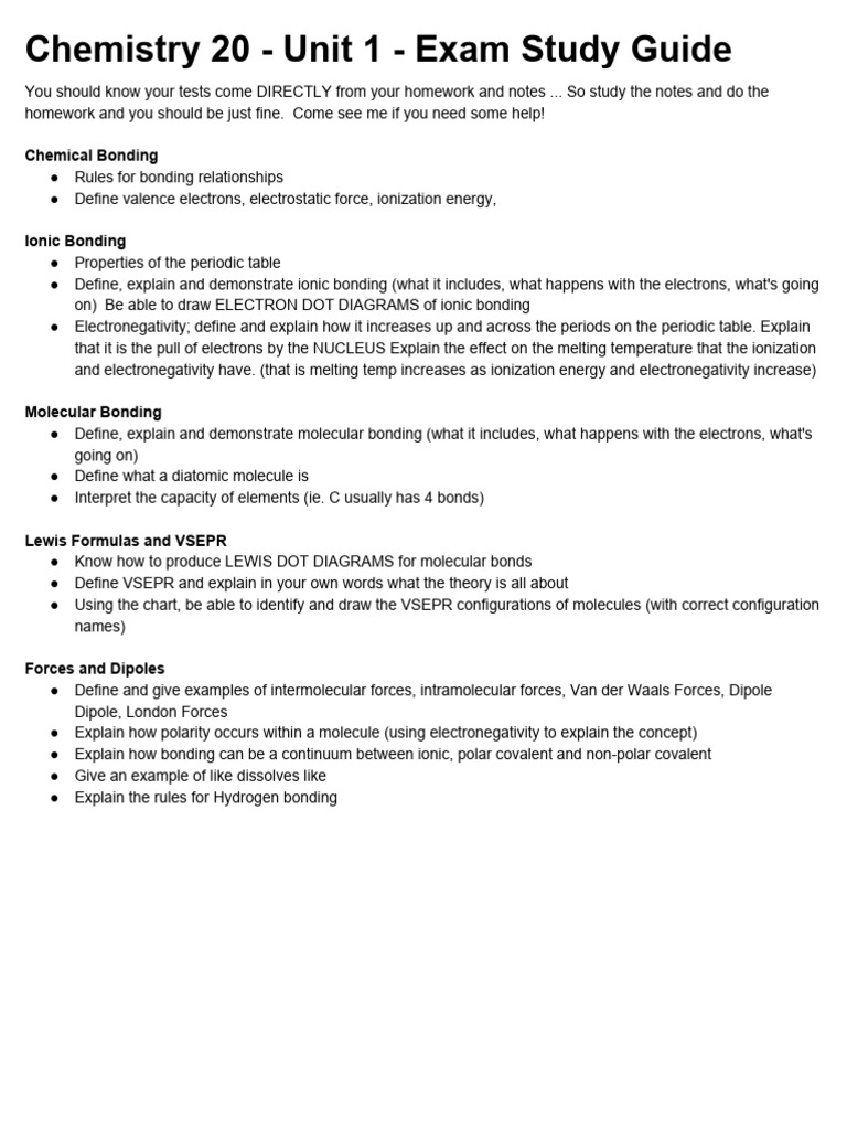 Chemistry 20 - Unit 1 - Review Booklet | PDF | Chemical Bond | Chemical ...