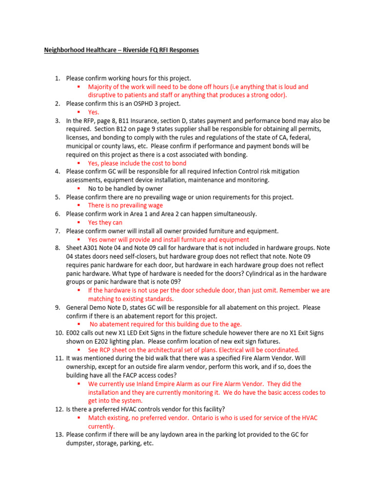 Neighborhood Healthcare - RFI Responses | PDF | Wall | Ceiling