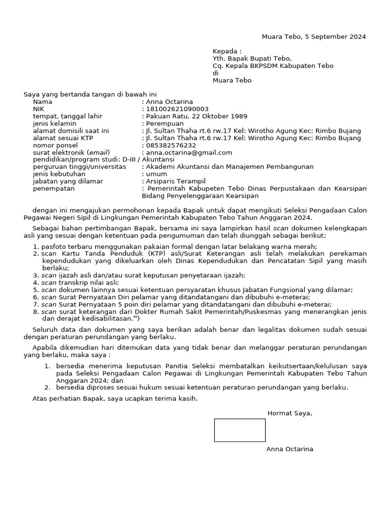 Format Surat Lamaran CPNS 2024 Pemkab Tebo | PDF