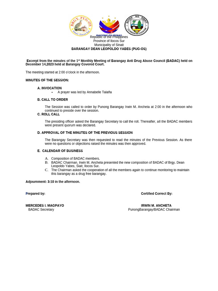 BADAC Monthly Meeting Minutes 2024 | PDF
