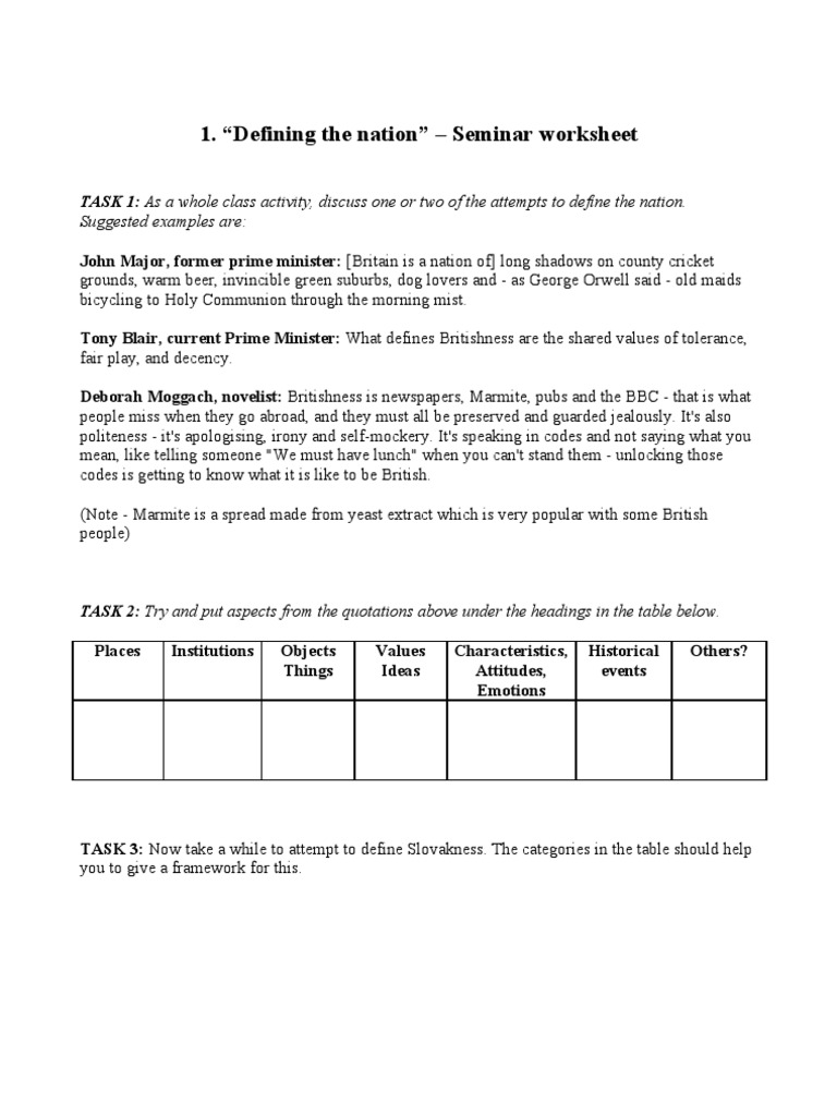 "Defining The Nation" - Seminar Worksheet | PDF