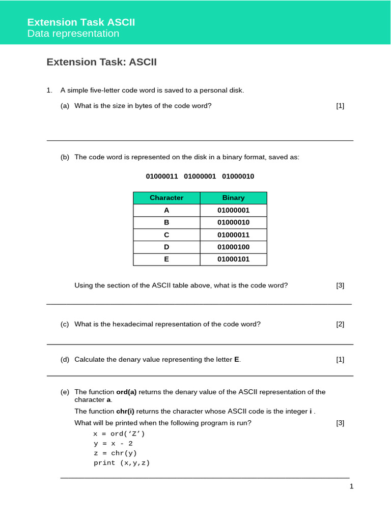 Data Representation Extension Task Ascii Pdf Ascii Integer Computer Science