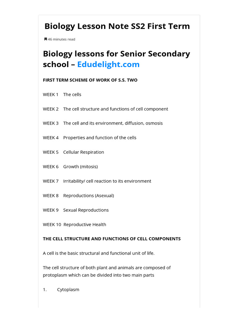 Biology SS2 First Term | PDF | Cellular Respiration | Osmosis