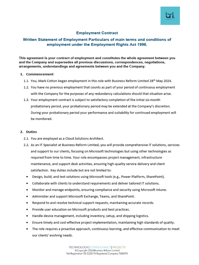 Mark Cotton Written Statement of Employment Particulars 240520 | PDF ...
