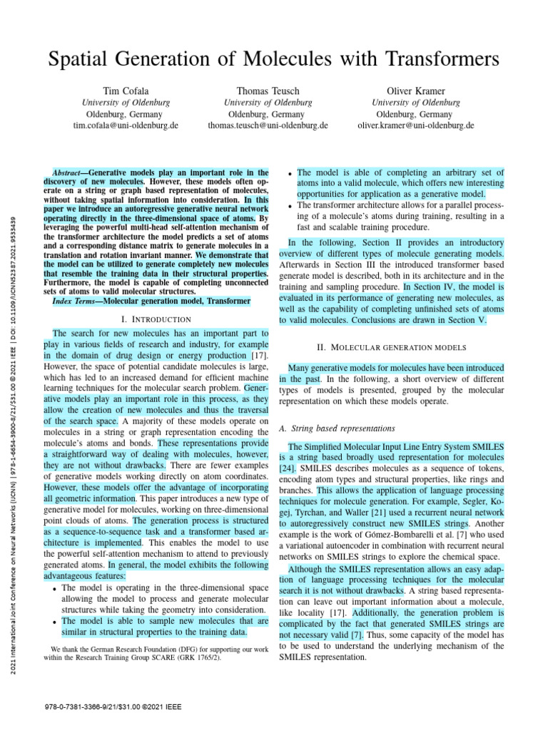 2107-Spatial Generation of Molecules With Transformers | PDF | Molecules | Matrix (Mathematics)