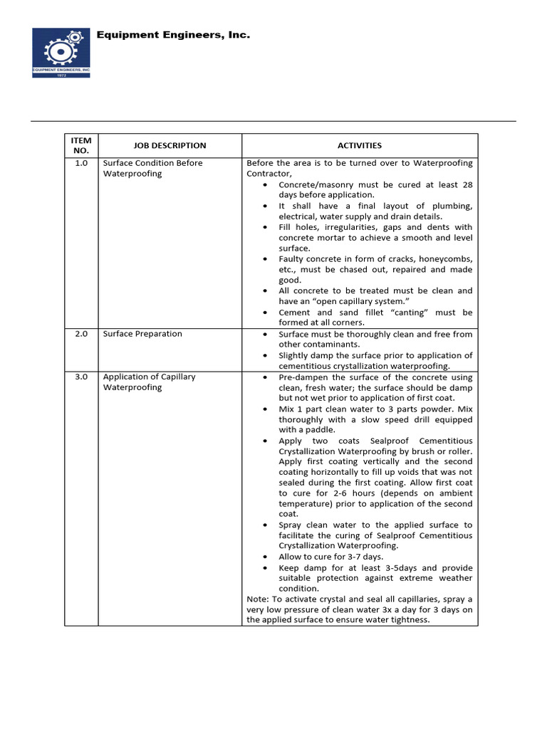 Sealproof CW With Sealbond ETL 100 Construction Methodology | PDF | Concrete | Coating