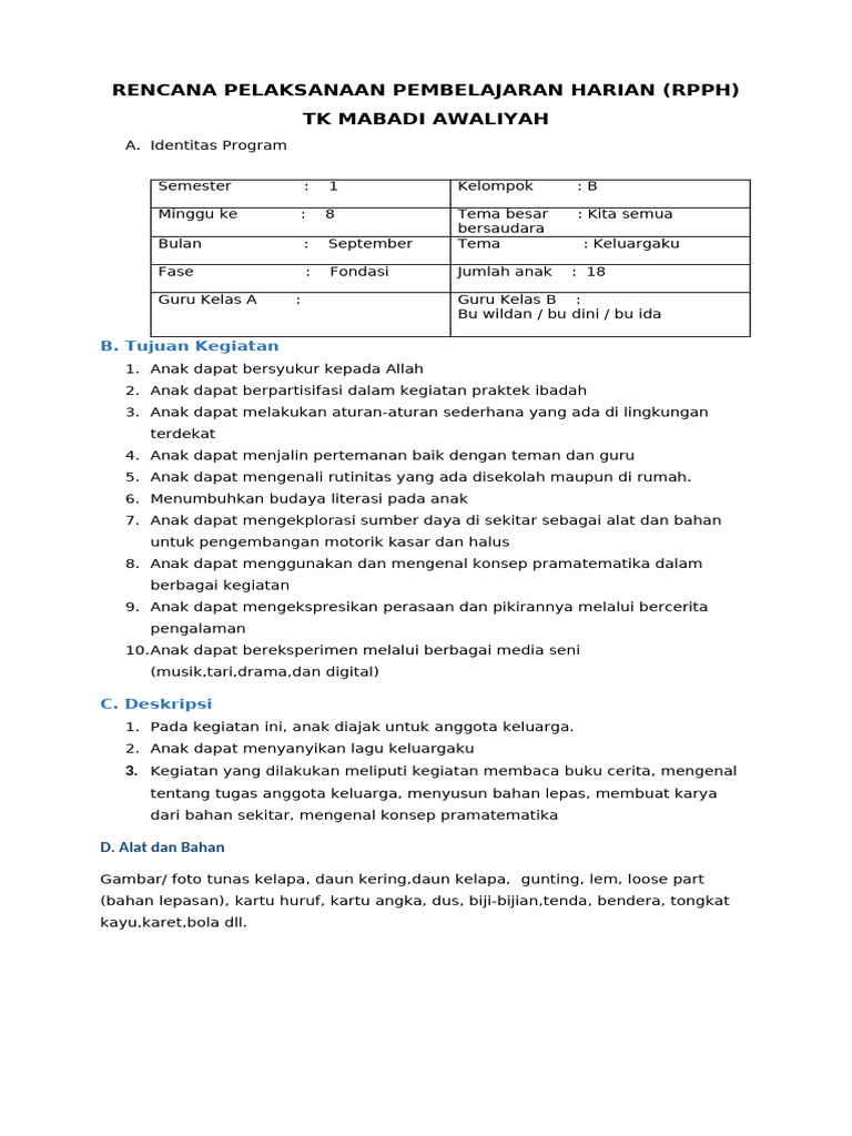 RPPH Tema Keluargaku untuk TK B | PDF