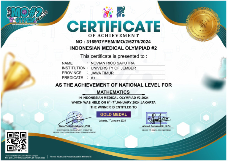 Piagam Gold Medals - Matematika - IMO 6-7 Jan 2024 - Novian Rico Saputra | PDF