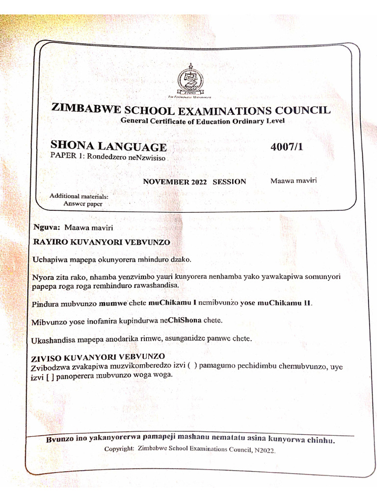 Shona Paper 1 2022 | PDF