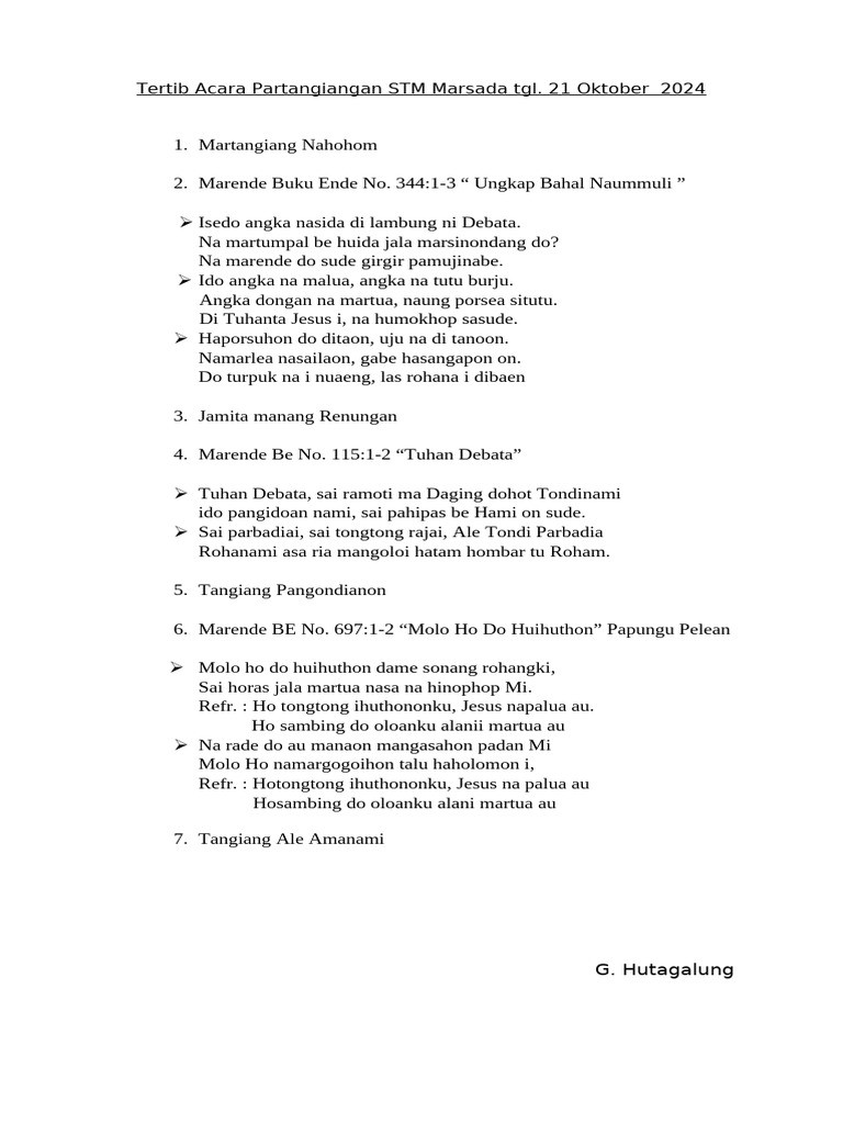 Tertib Acara Partangiangan STM Marsada TGL | PDF | Seni & Disiplin Bahasa | Agama & Spiritualitas