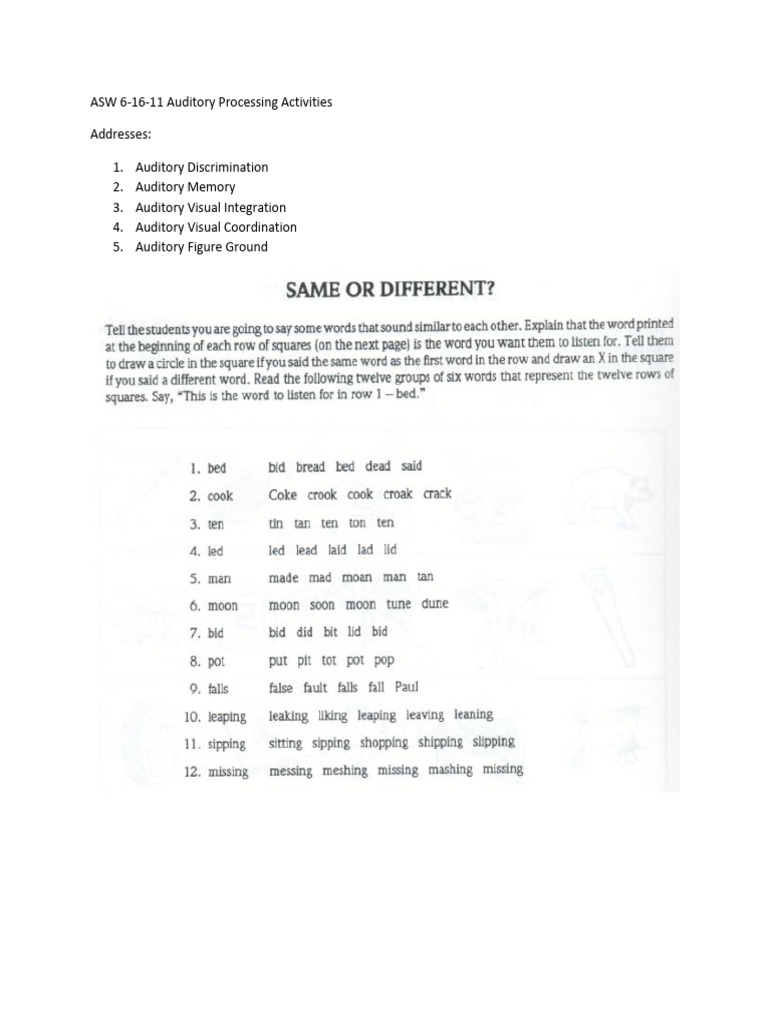 ASW 6 16 11 Auditory Processing Activity Worksheets | PDF