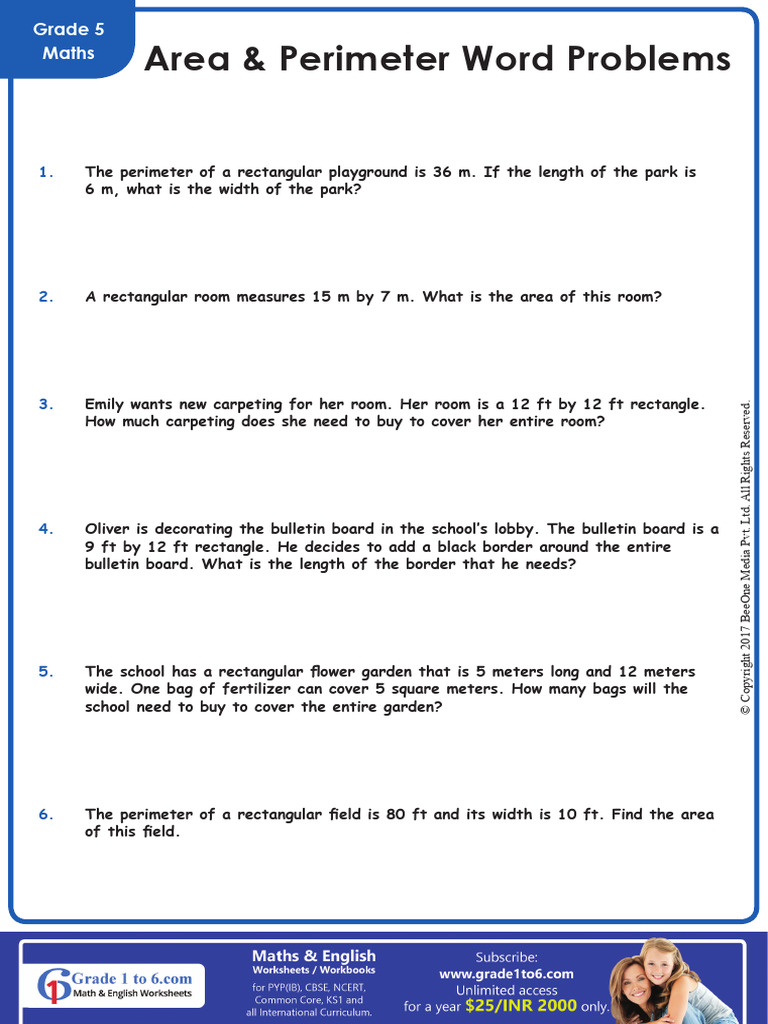 Area and Perimeter Word Problems | PDF | Home & Garden