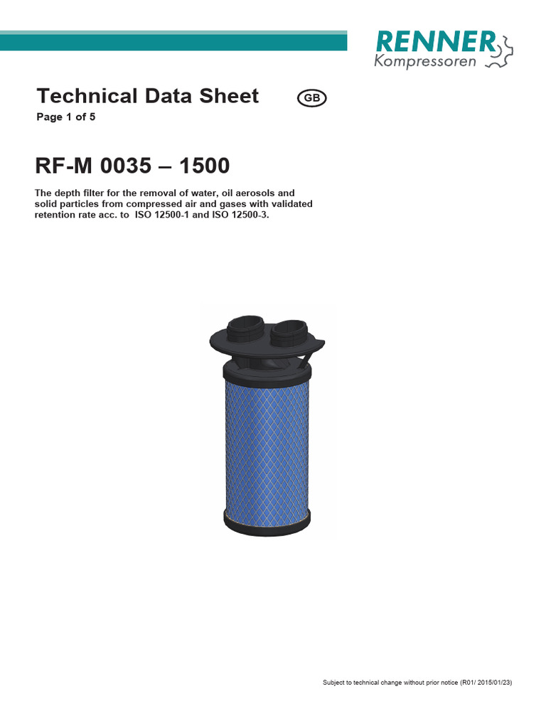 Renner Air Filter Technical Data Sheet | PDF | Filtration | Aerosol
