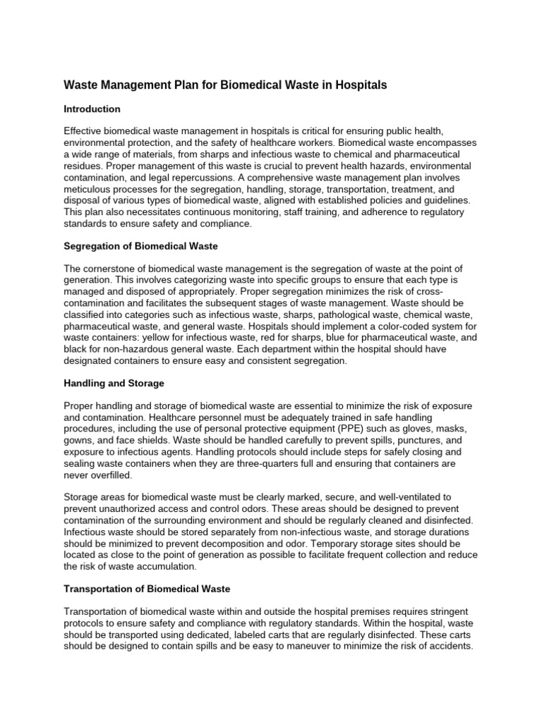 Waste Management Plan For Biomedical Waste in Hospitals | PDF | Waste ...