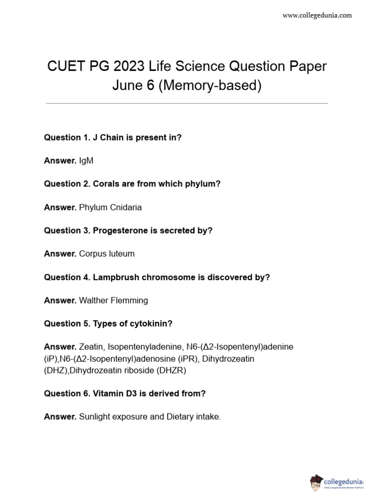 CUET PG 2023 Life Science Question Paper | PDF | Self-Improvement ...