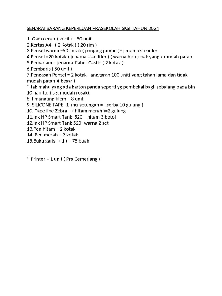 Senarai Oder BRG Pra PD GB Thun 2024-bln Jun | PDF