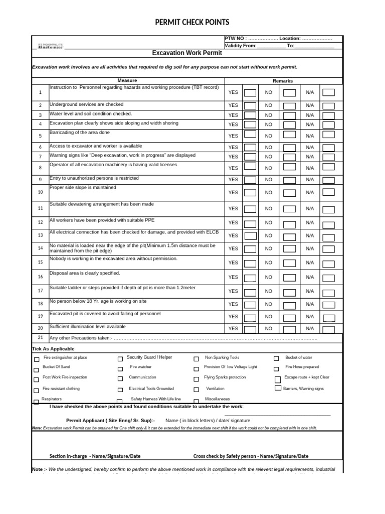 Excavation Work Permit Checklist | PDF | Safety