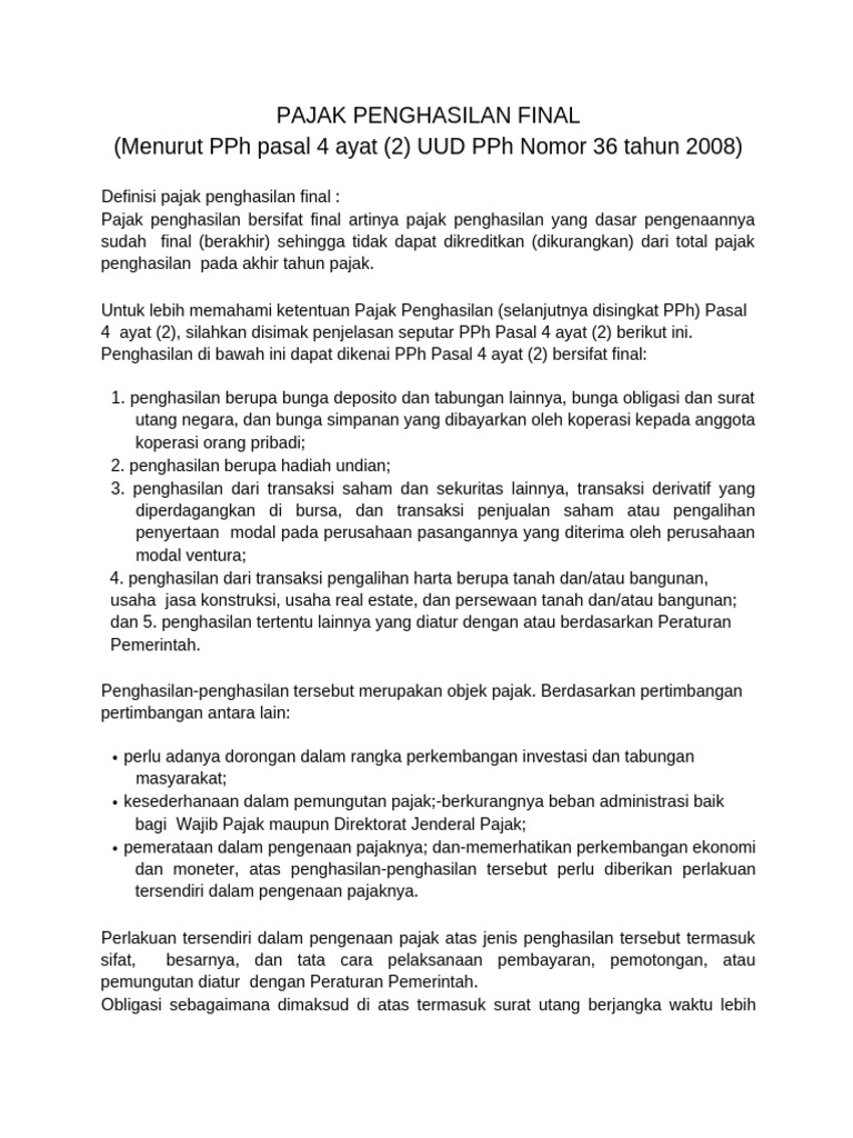 Pajak Penghasilan Final: PPh Pasal 4(2) | PDF | Bisnis | Pengelolaan ...