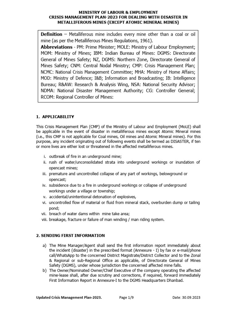 Crisis Management Plan for Mines 2023 | PDF | Mining | Crisis Management