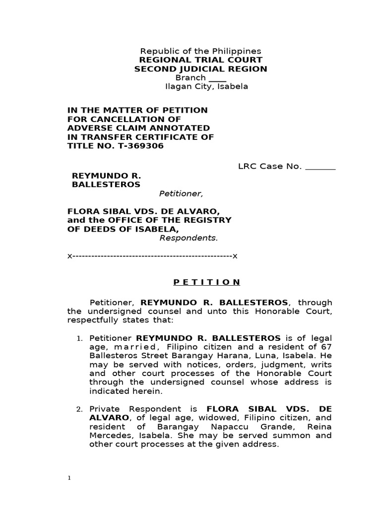 Reymundo Petition For Cancellation of Adverse Claim - Reymundo ...