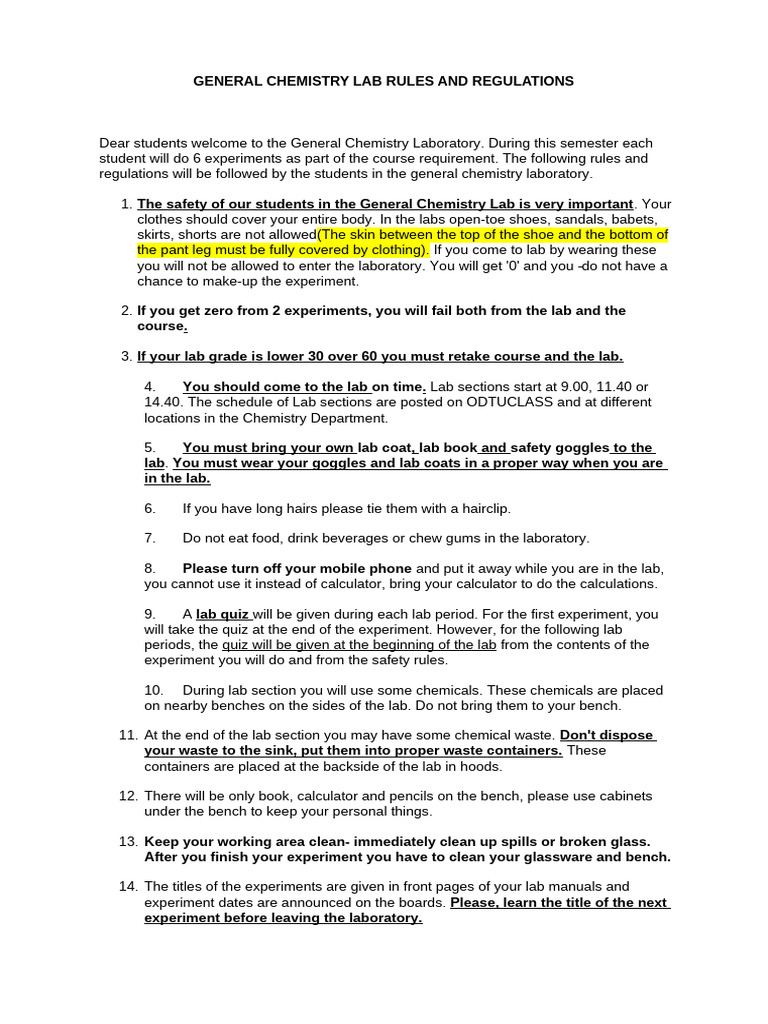 General Chemistry Lab Rules and Regulations | PDF | Laboratories | Clothing