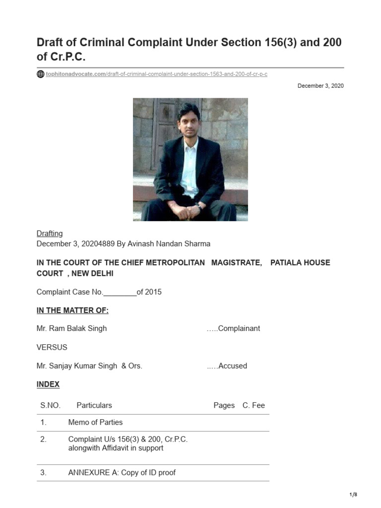 Draft of Criminal Complaint Under Section 156 (3) and 200 of CRPC | PDF | Affidavit | Crimes