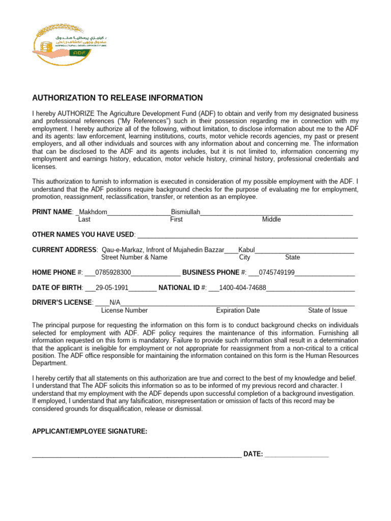 ADF Employment Background Check Authorization | PDF | Background Check ...