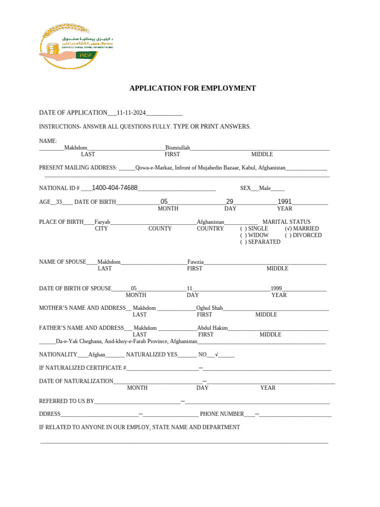 Employment Application for Cook Position | PDF