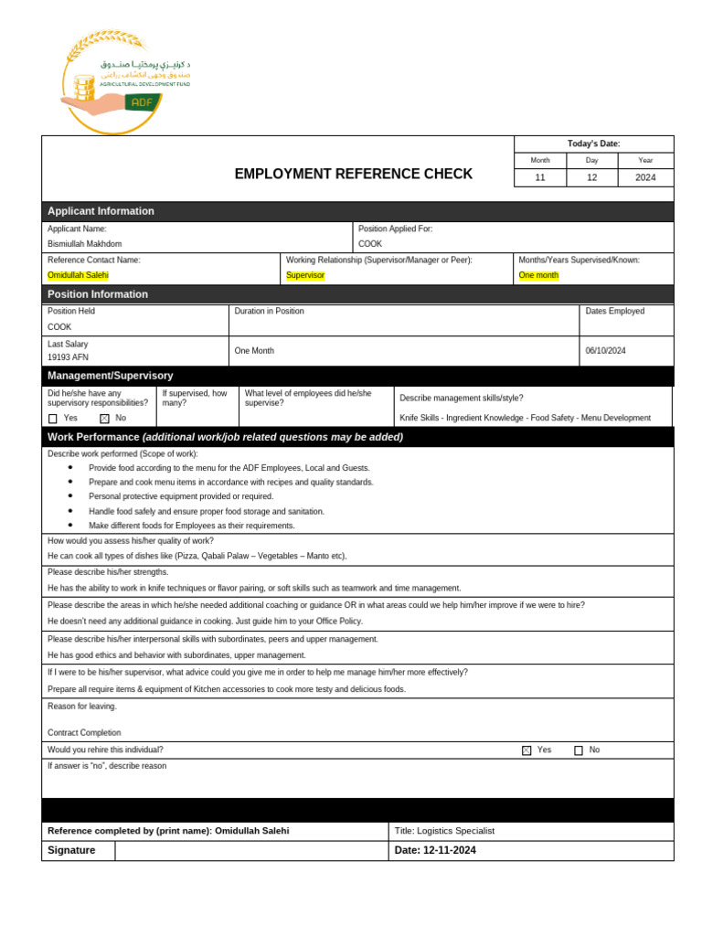 Recruitment - Employment Reference Check | PDF | Supervisor | Cooking