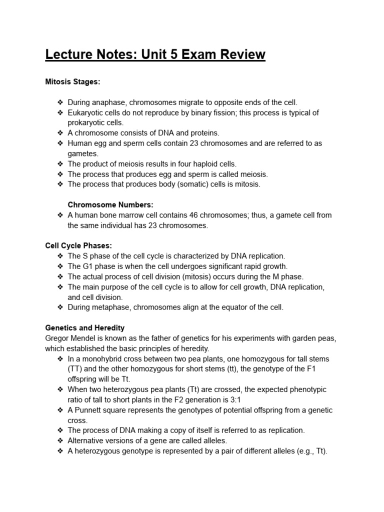 Lecture Notes - Unit 5 Exam Review | PDF | Mitosis | Genetics