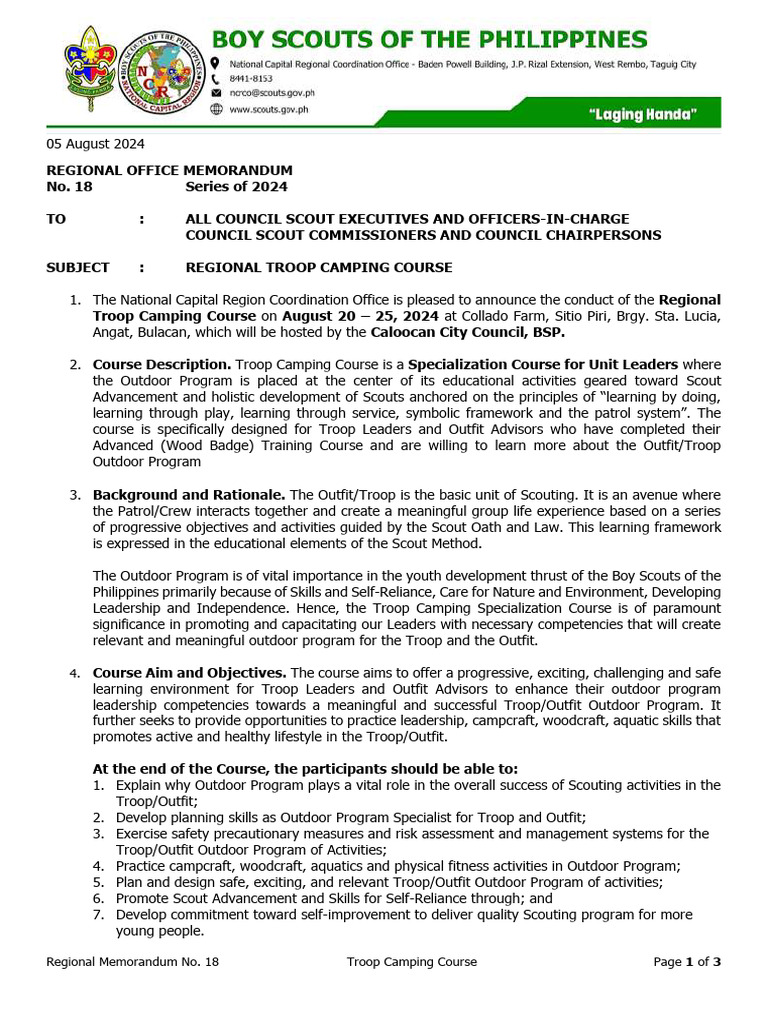 Troop Camping Course Notice | PDF | Scouting