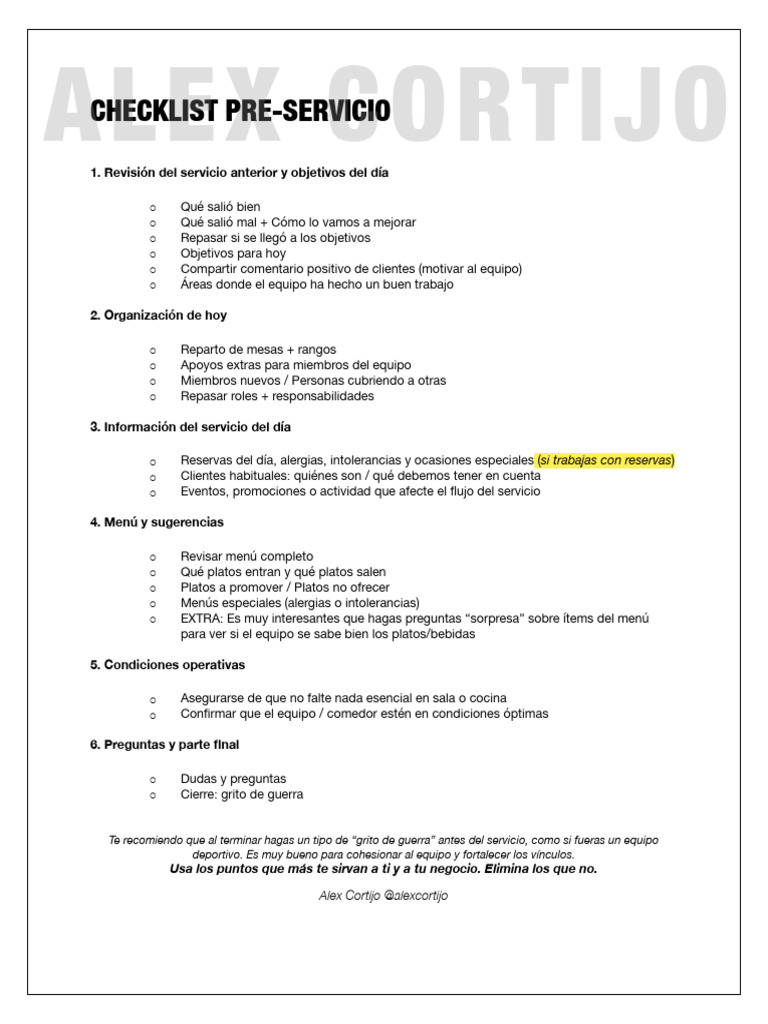 Checklist Briefing Pre-Servicio | PDF