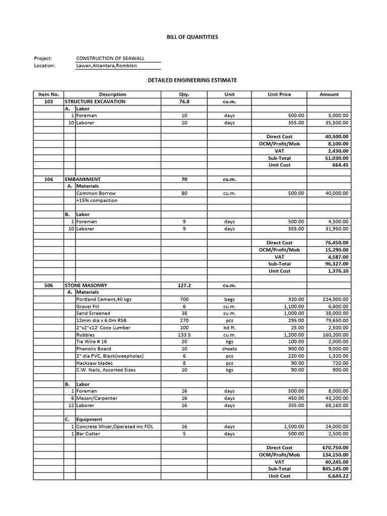 Lawan Seawall Financial Docs | PDF | Engineering | Real Estate