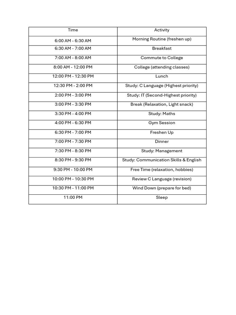 Daily College Student Schedule | PDF | Language Arts & Discipline | Foreign Language Studies