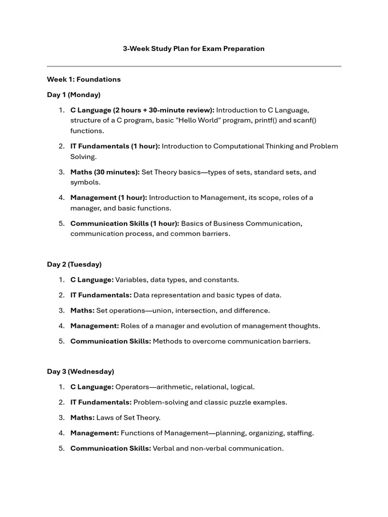 Week Plans | PDF | C (Programming Language) | Mathematics