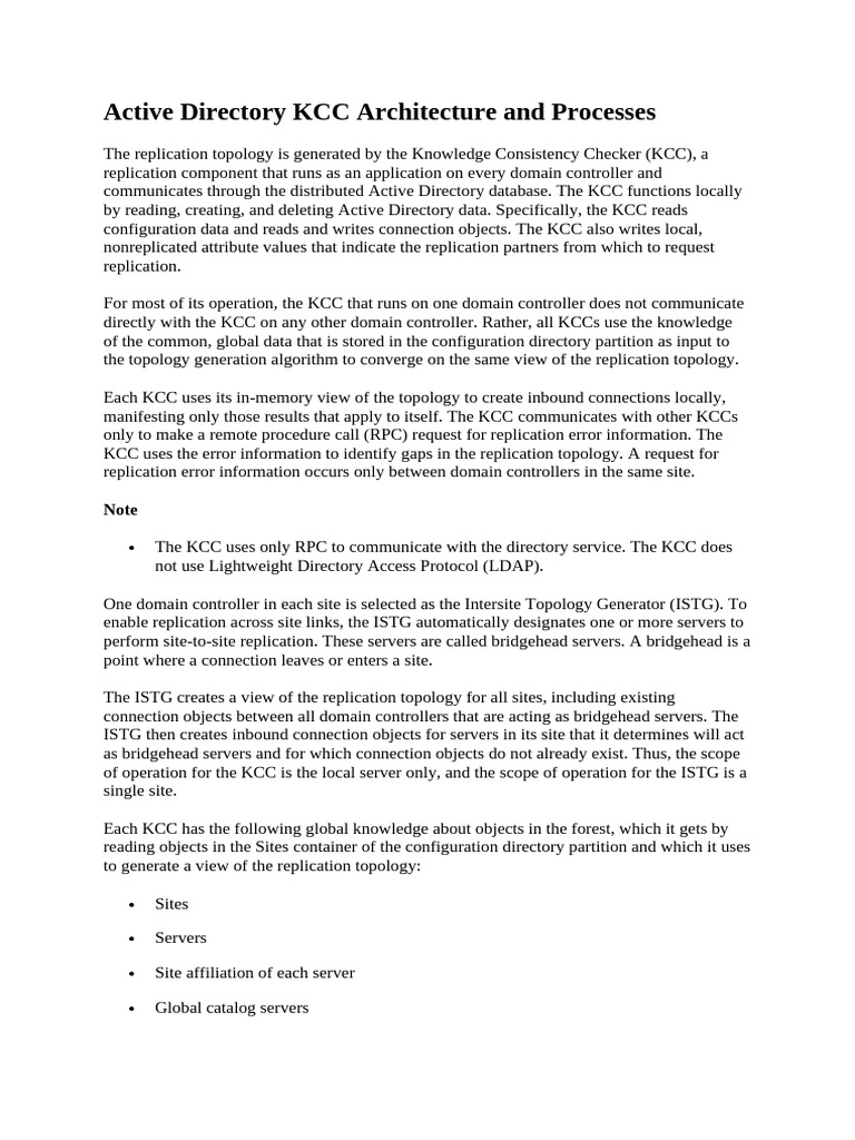 Active Directory KCC Architecture and Processes | PDF | Active Directory | Replication (Computing)