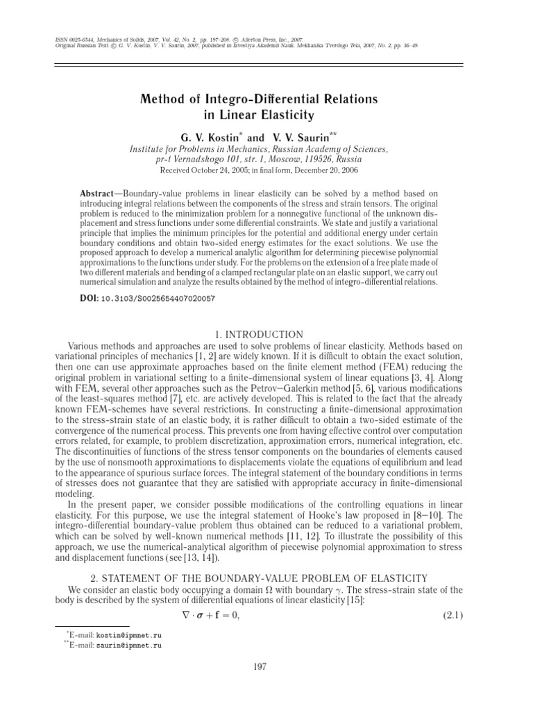 Method of Integro-Differential Relations in Linear Elasticity | PDF | Linear Elasticity ...