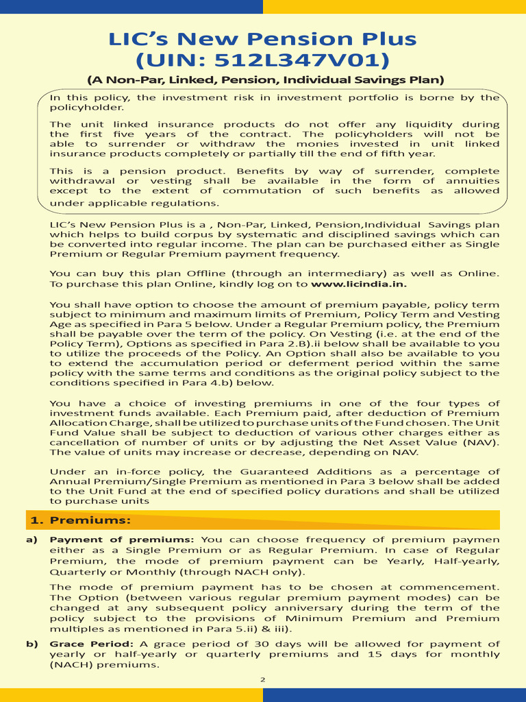 LIC's New Pension Plus (UIN: 512L347V01) : (A Non-Par, Linked, Pension ...