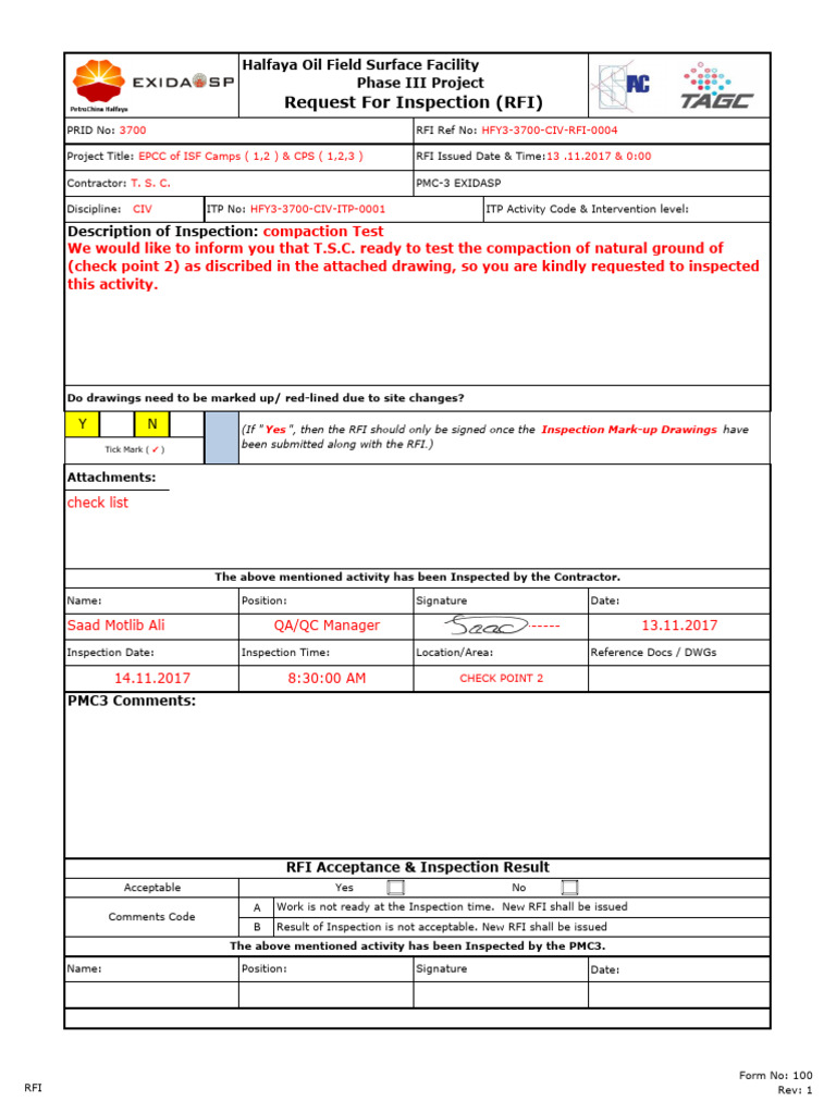 Request For Inspection (RFI) : Halfaya Oil Field Surface Facility Phase ...