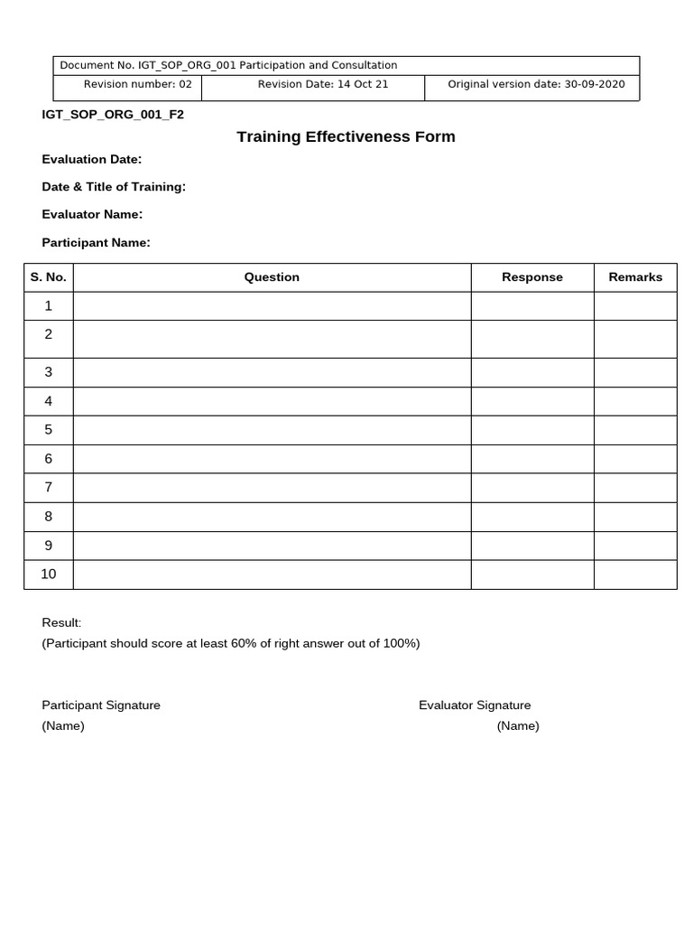 IGT - SOP - ORG - 001-F2 Training Effectiveness Form Ddrs | PDF